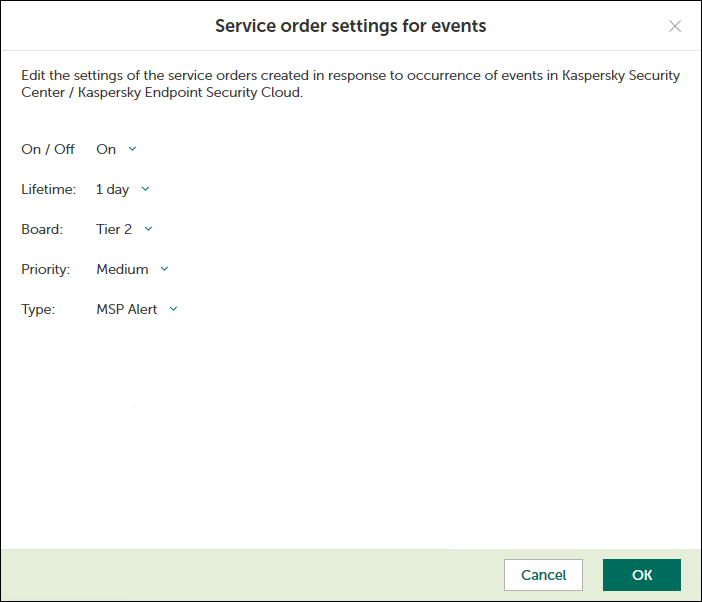 Service orders for events that occur in Kaspersky Endpoint Security ...