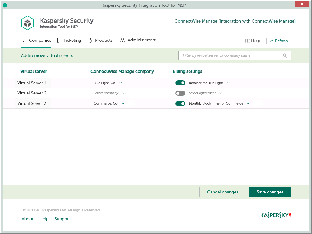 Interface of Kaspersky Security Integration with ConnectWise Manage